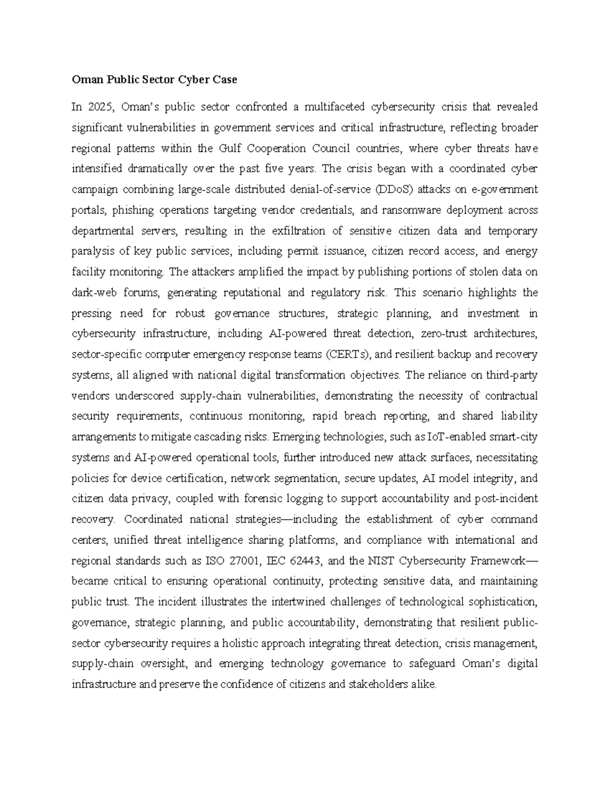 Case Study: Oman Public Sector Cybersecurity Crisis (Fall 2025) - Studocu