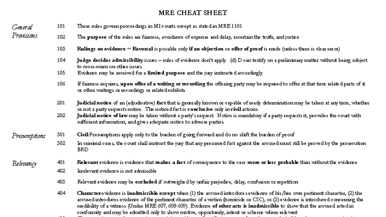 MRE 101 Evidence Cheat Sheet: General Provisions Overview - Studocu
