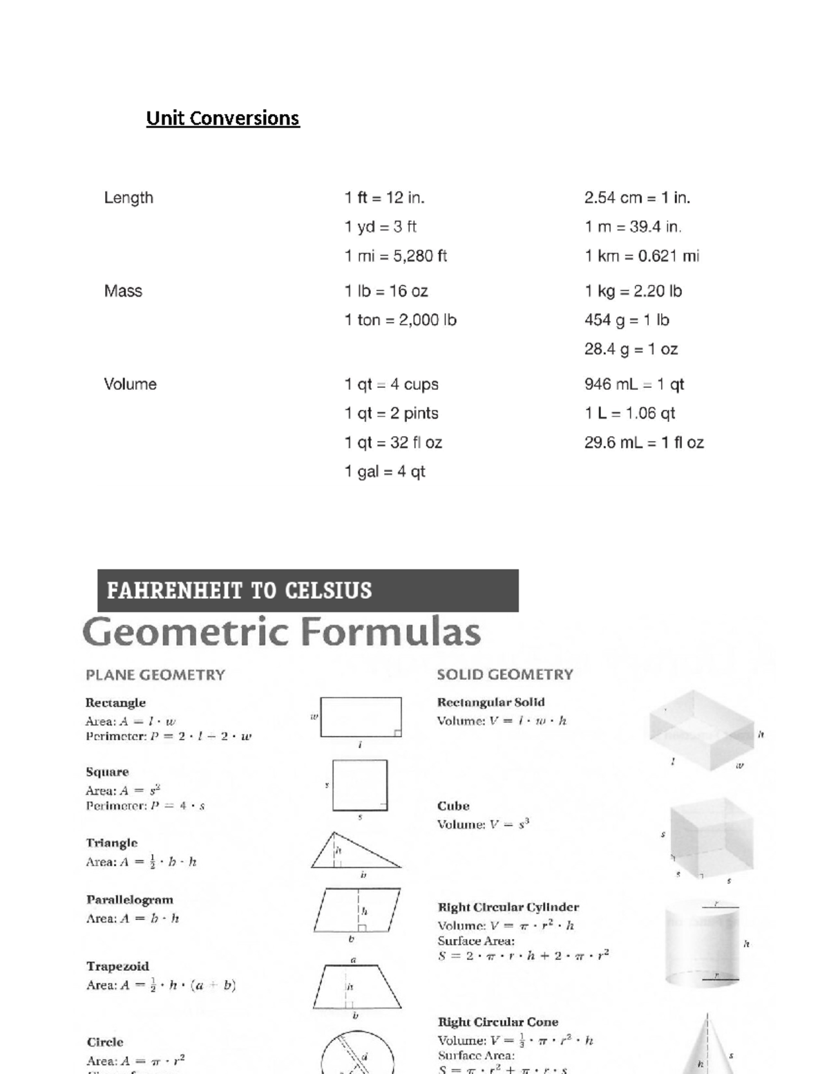 Formula sheet for Test 2 - Unit Conversions Length 1 in. 2 cm 1 in. 1 ...