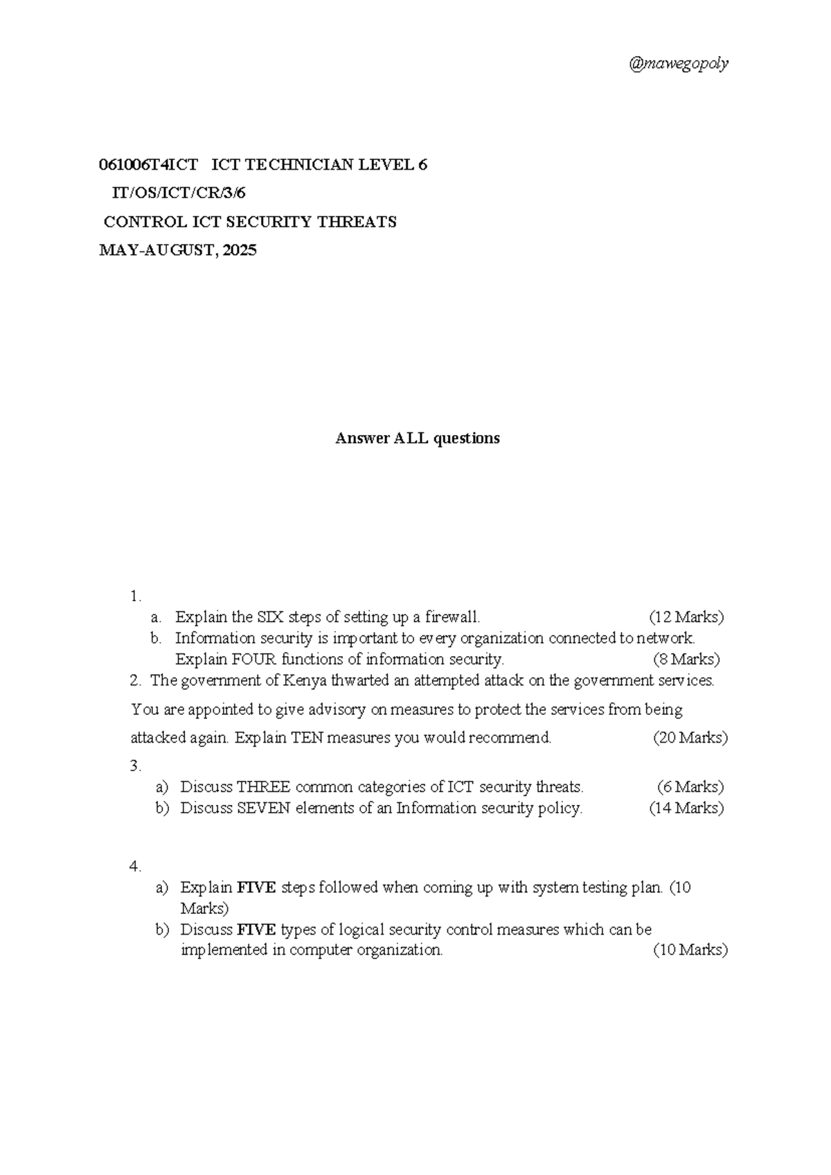 061006T4ICT ICT Technician Level 6: Control of ICT Security Threats ...