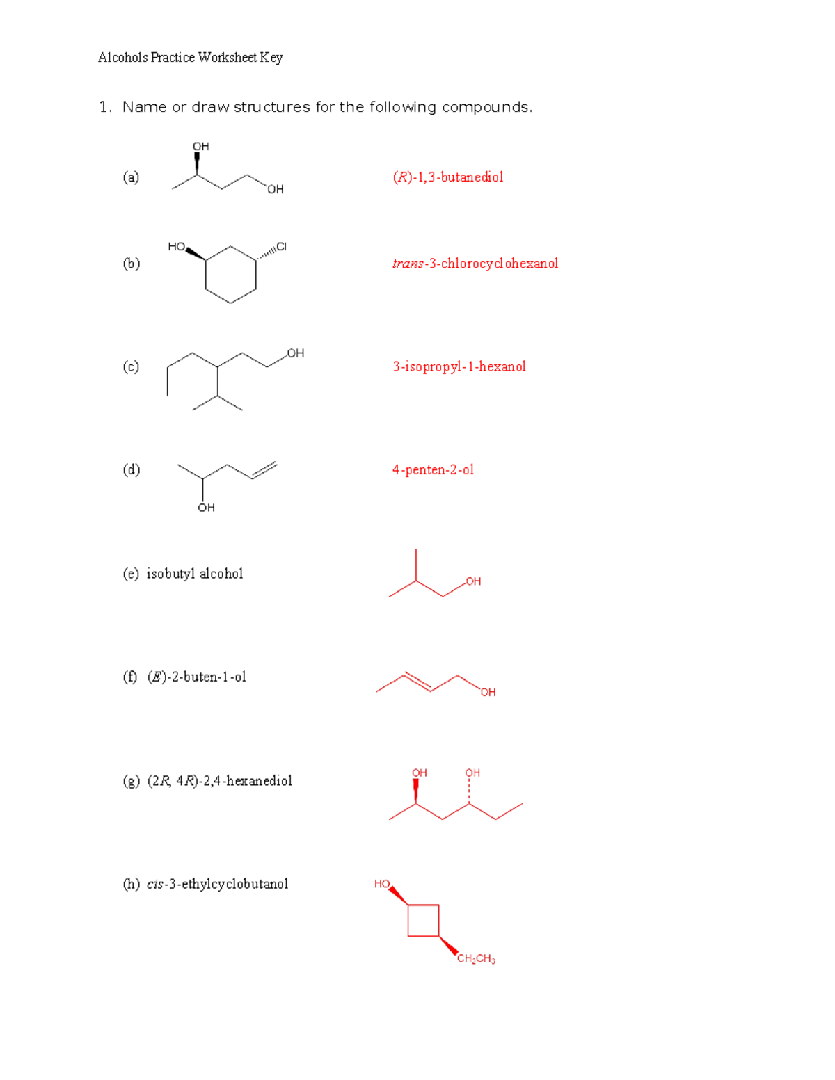 Alcohol Worksheet Key for Organic Chemistry (Course Code: CHEM101 ...