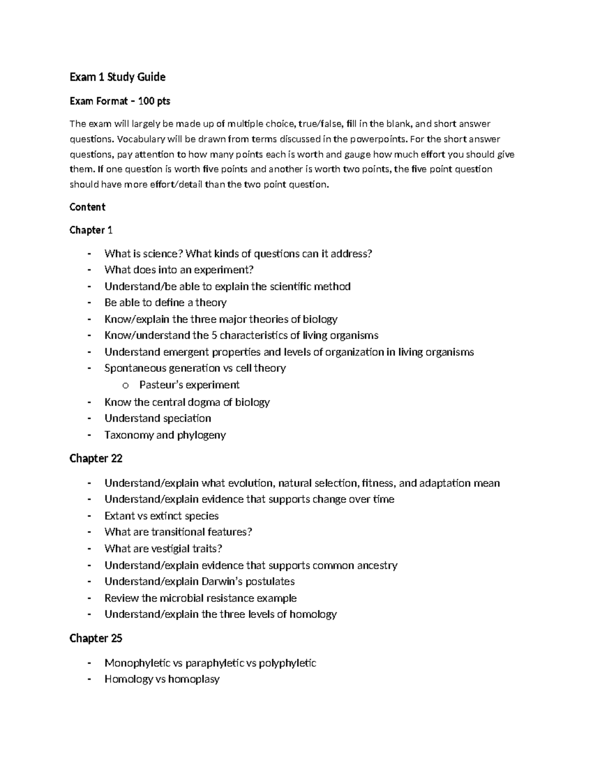 BIO101 Exam 1 Study Guide: Key Concepts & Format Overview - Studocu