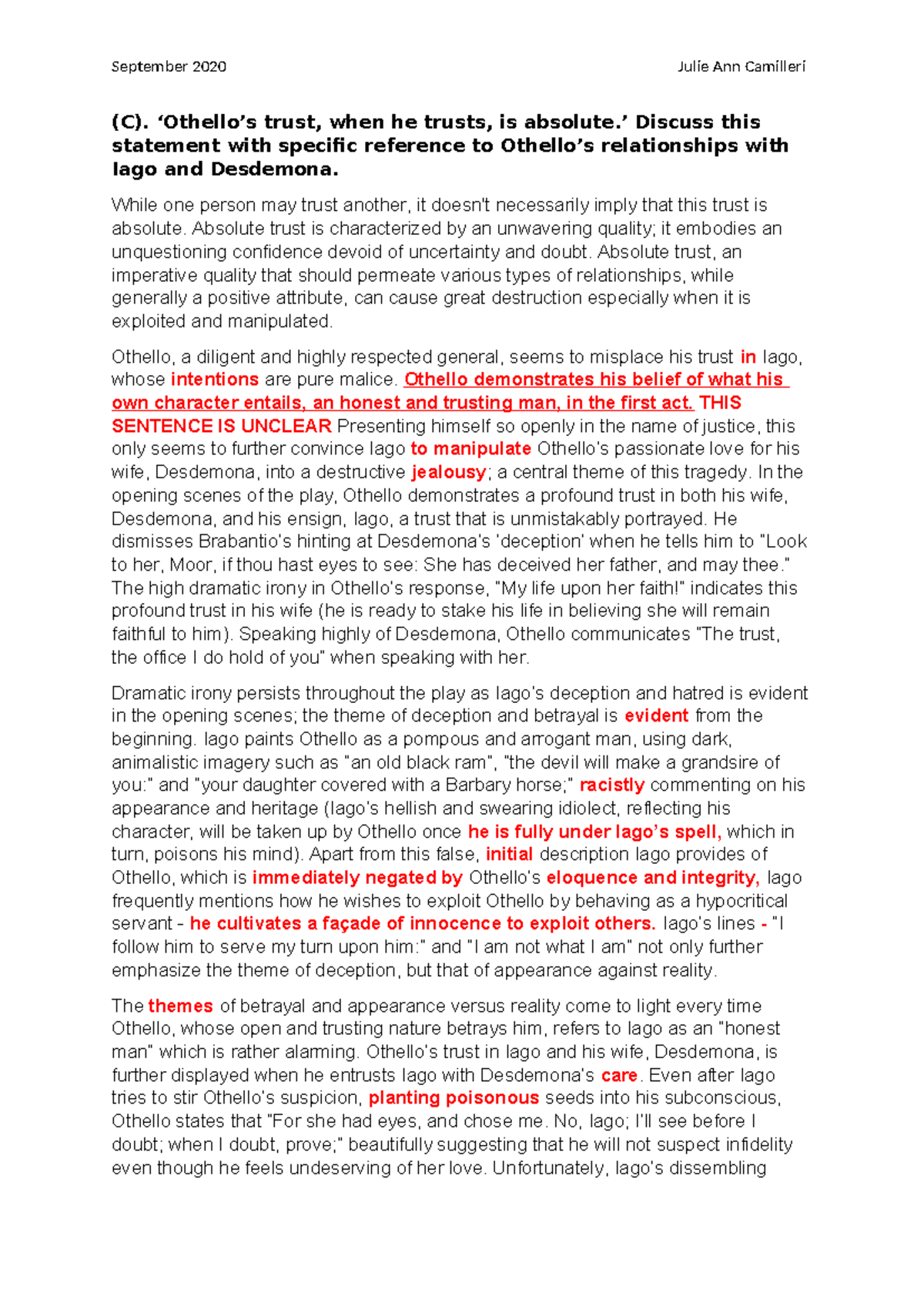 Othello Essay: Trust and Betrayal in Relationships (ENG 101) - Studocu