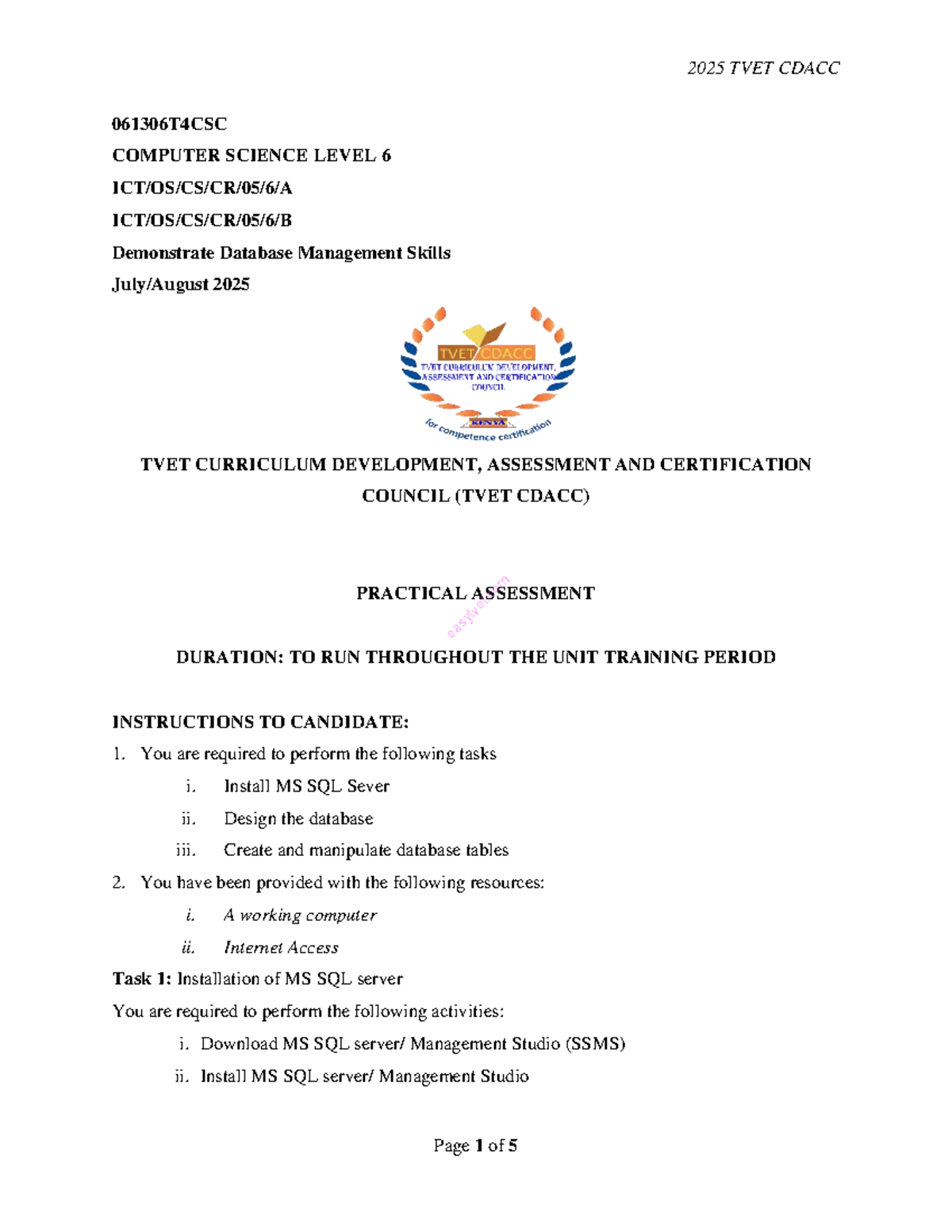 2025 TVET CDACC 061306T4CSC Level 6 Database Management Skills Guide ...