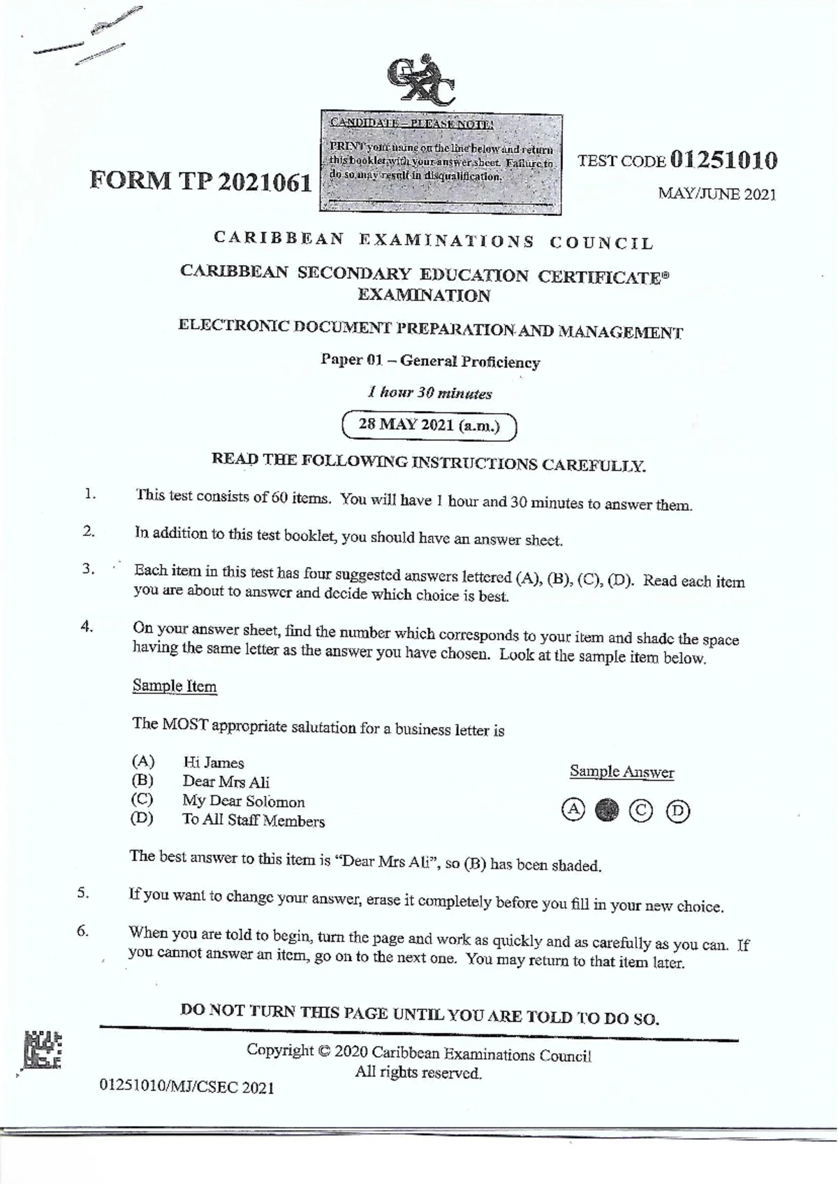 EDPM CSEC Paper 1 2020 - practice - Bachelor of Business Administration ...