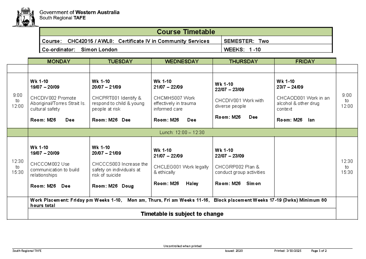 CHC42015 AWL8: Cert IV in Community Services Timetable - Studocu