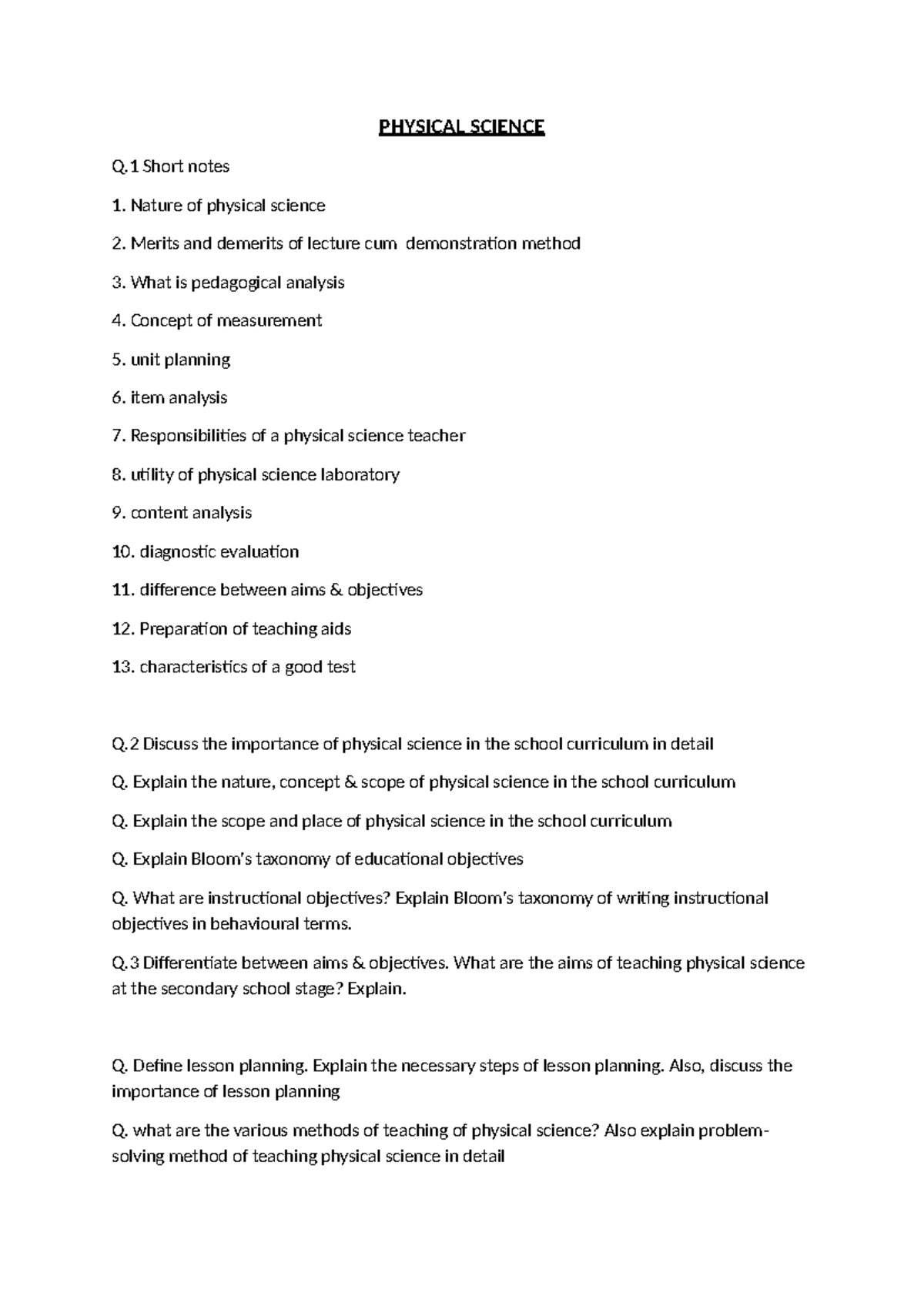PHYSICAL SCIENCE & BIOLOGY Q.1 Short Notes and Exam Prep Guide - Studocu
