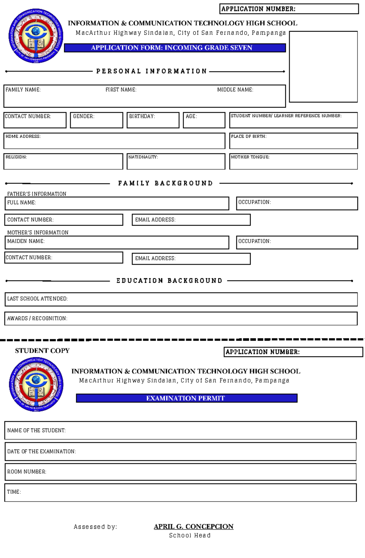 Application FORM FOR Incoming Grade 7 - P E R S O N A LP E R S O N A L ...
