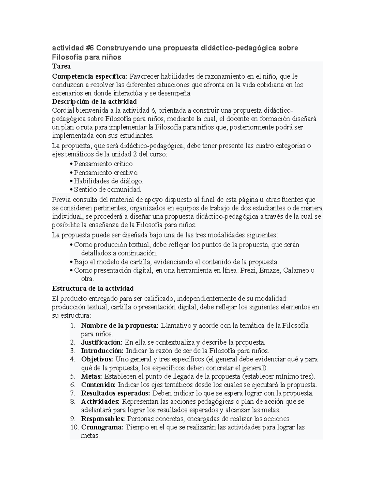 Actividad 6: Propuesta Didáctica sobre Filosofía para Niños - Studocu