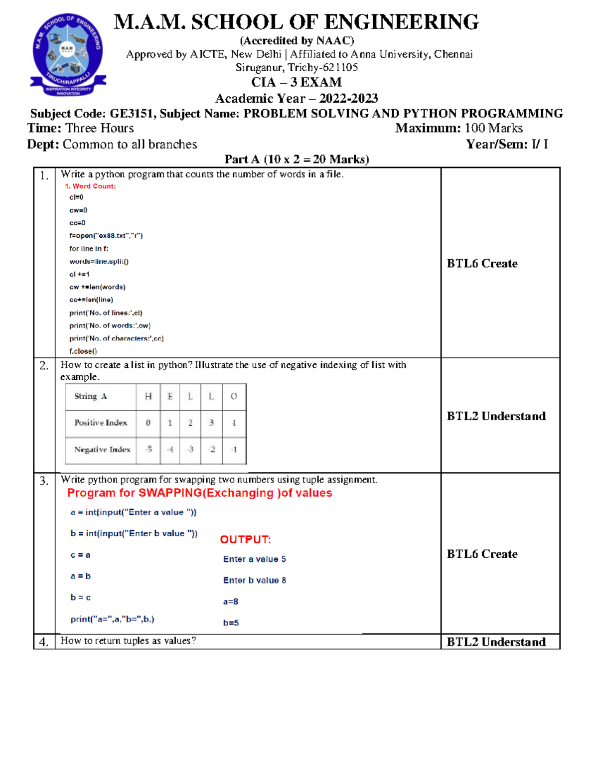 CIA 3 - Problem Solving & Python Programming Answer Key - Studocu
