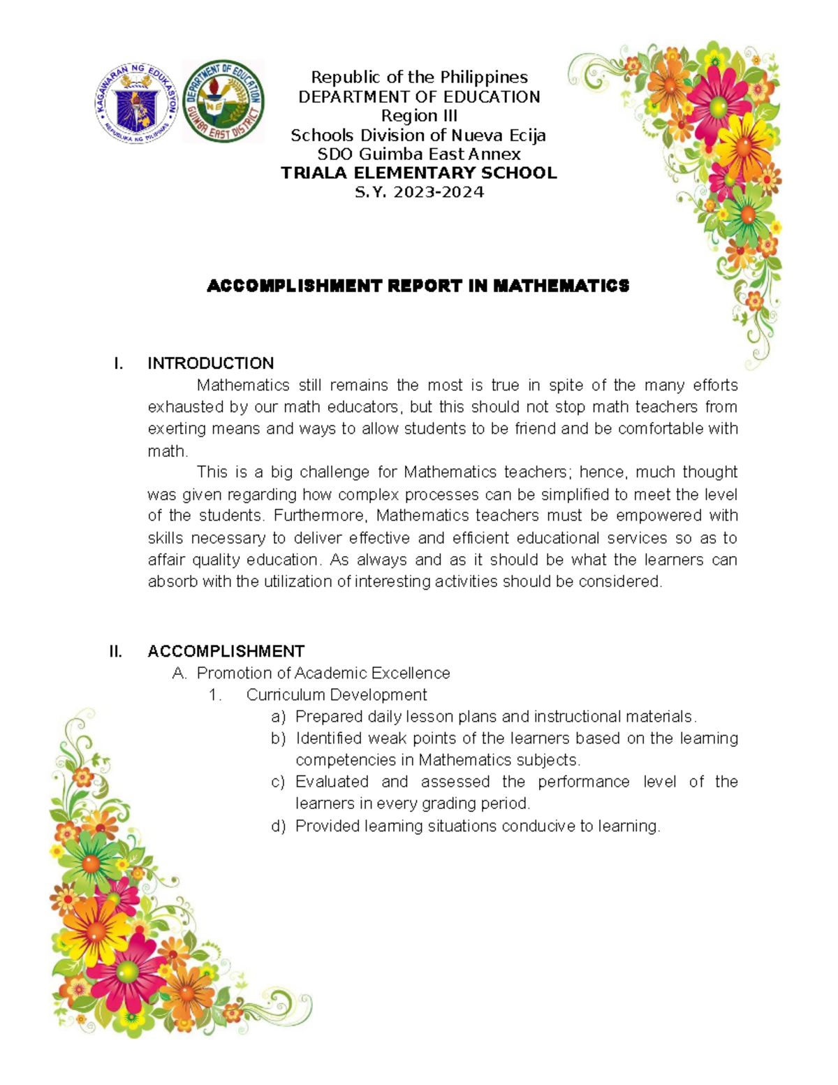 Accomplishment Report in Mathematics (S.Y. 2023) - Triala Elem. School ...