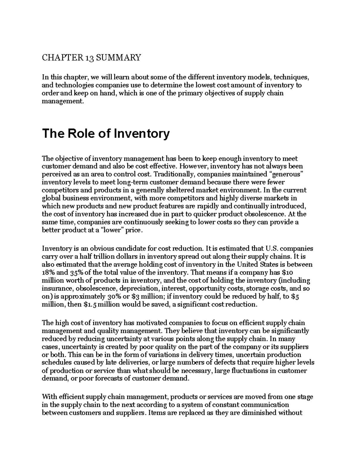MT435 Chapter 13 - Operations and Supply Chain Management - CHAPTER 13 SUMMARY In this chapter ...