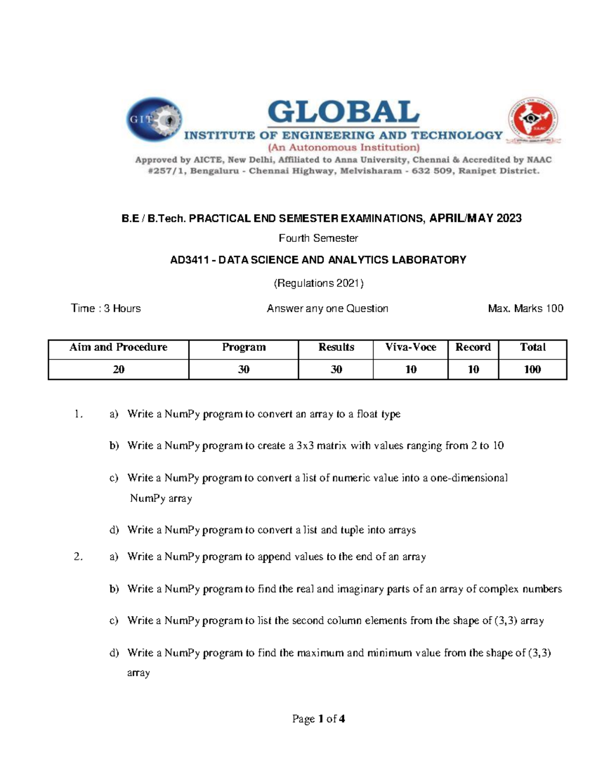 AD3411 DATA SCIENCE LAB - Practical Exam Paper Set 3 - Studocu