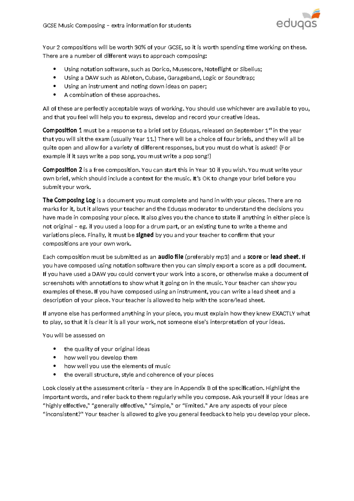 Eduqas GCSE Music Composing Guidelines and Tips for Students - Studocu
