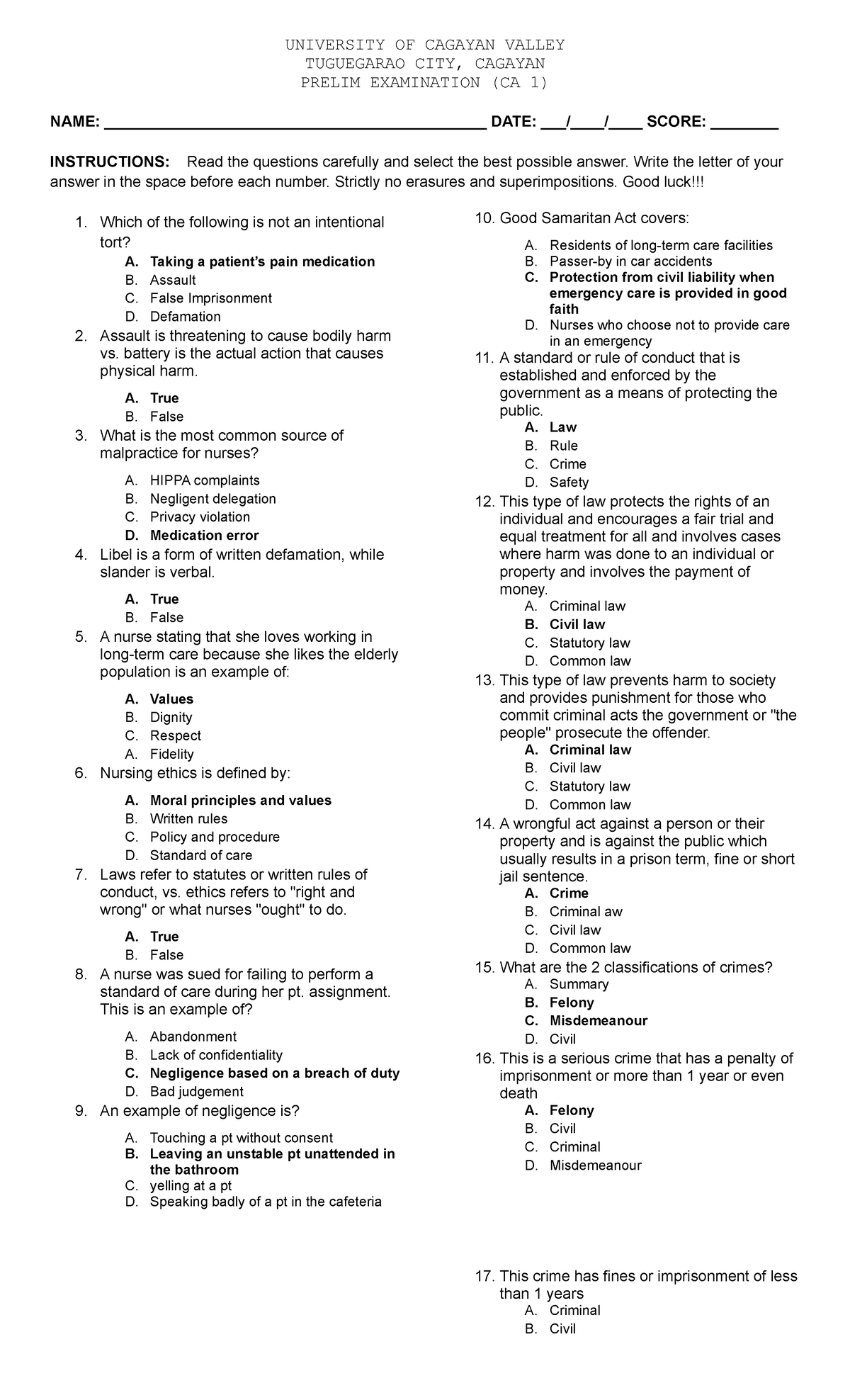 Prelim Exam CA 1 Answer Key - Nursing Ethics & Malpractice - Studocu