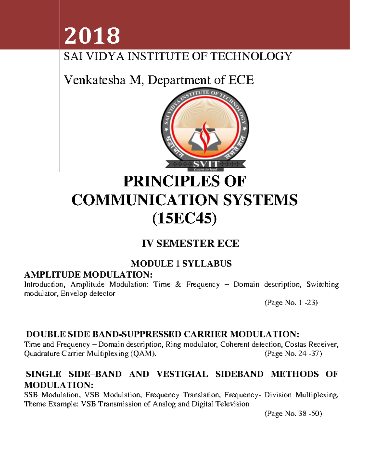 Module 1 Notes (AM) (1) - PRINCIPLES OF COMMUNICATION SYSTEMS (15EC45 ...