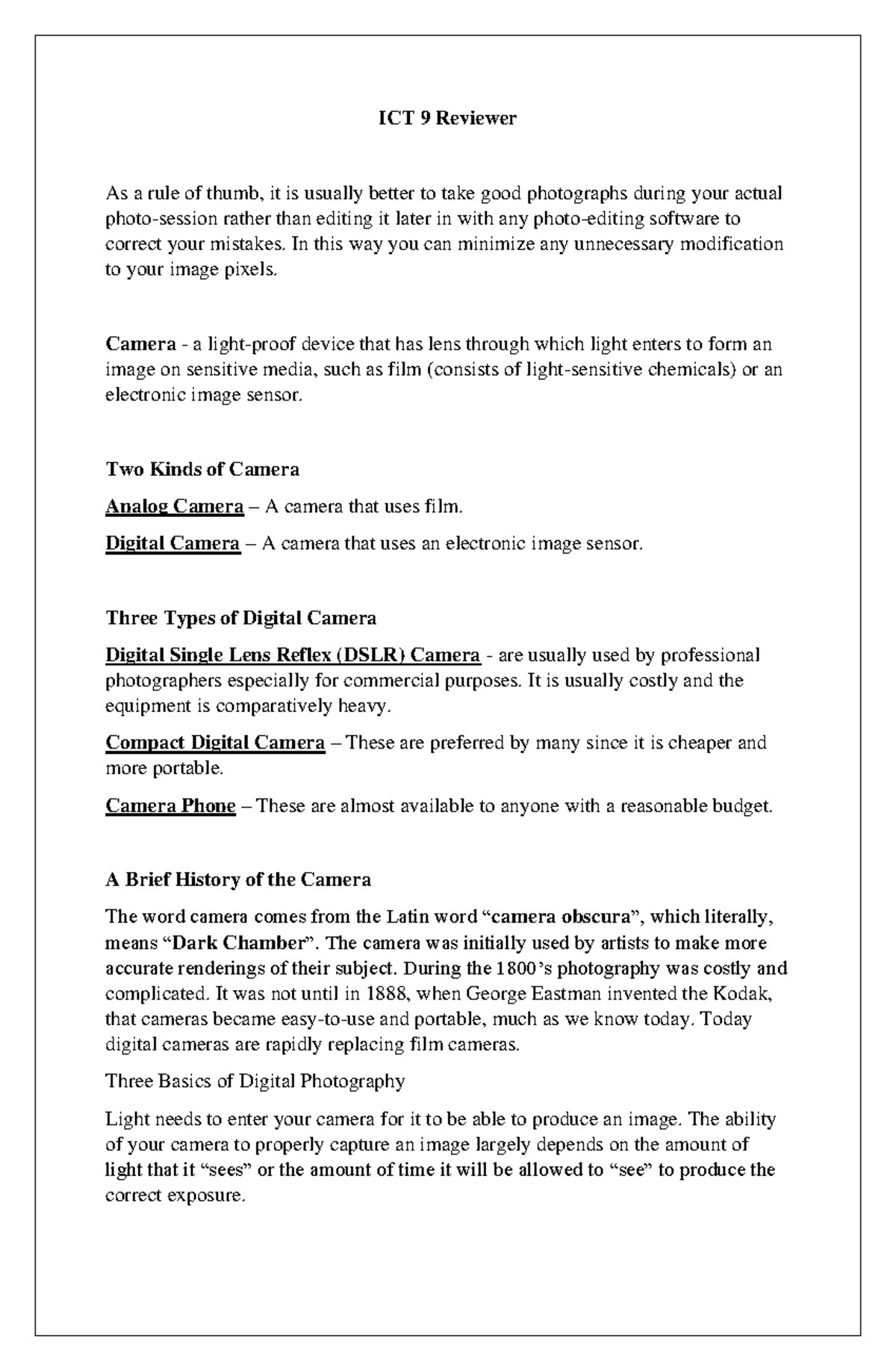 ICT 9 1st Quarter Exam Reviewer: Digital Photography Essentials - Studocu