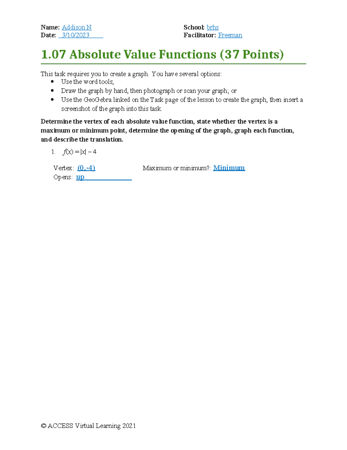 MATH 1.07 Absolute Value Functions Task and Graphing Guide - Studocu