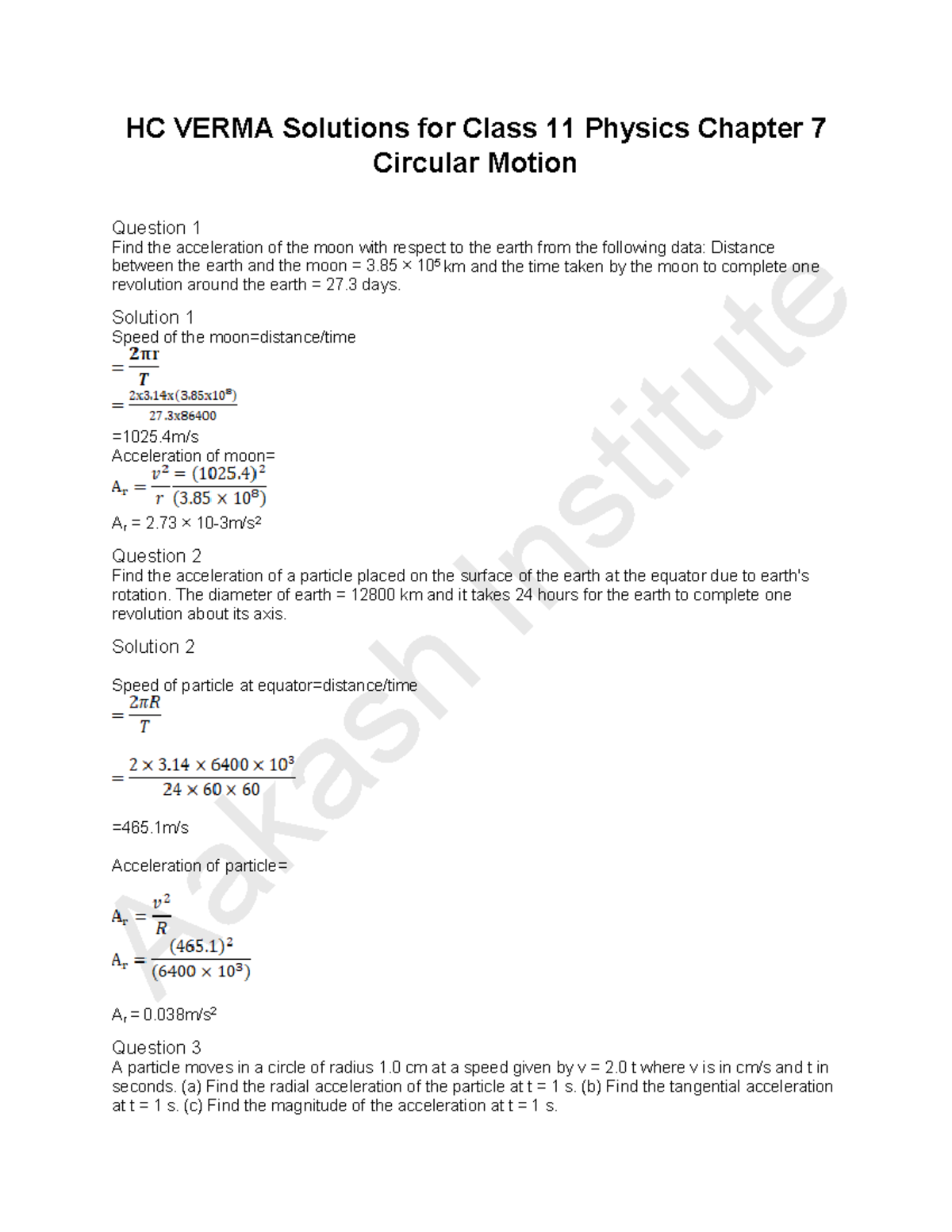 HC Verma Solutions for Class 11 Physics: Circular Motion Analysis - Studocu