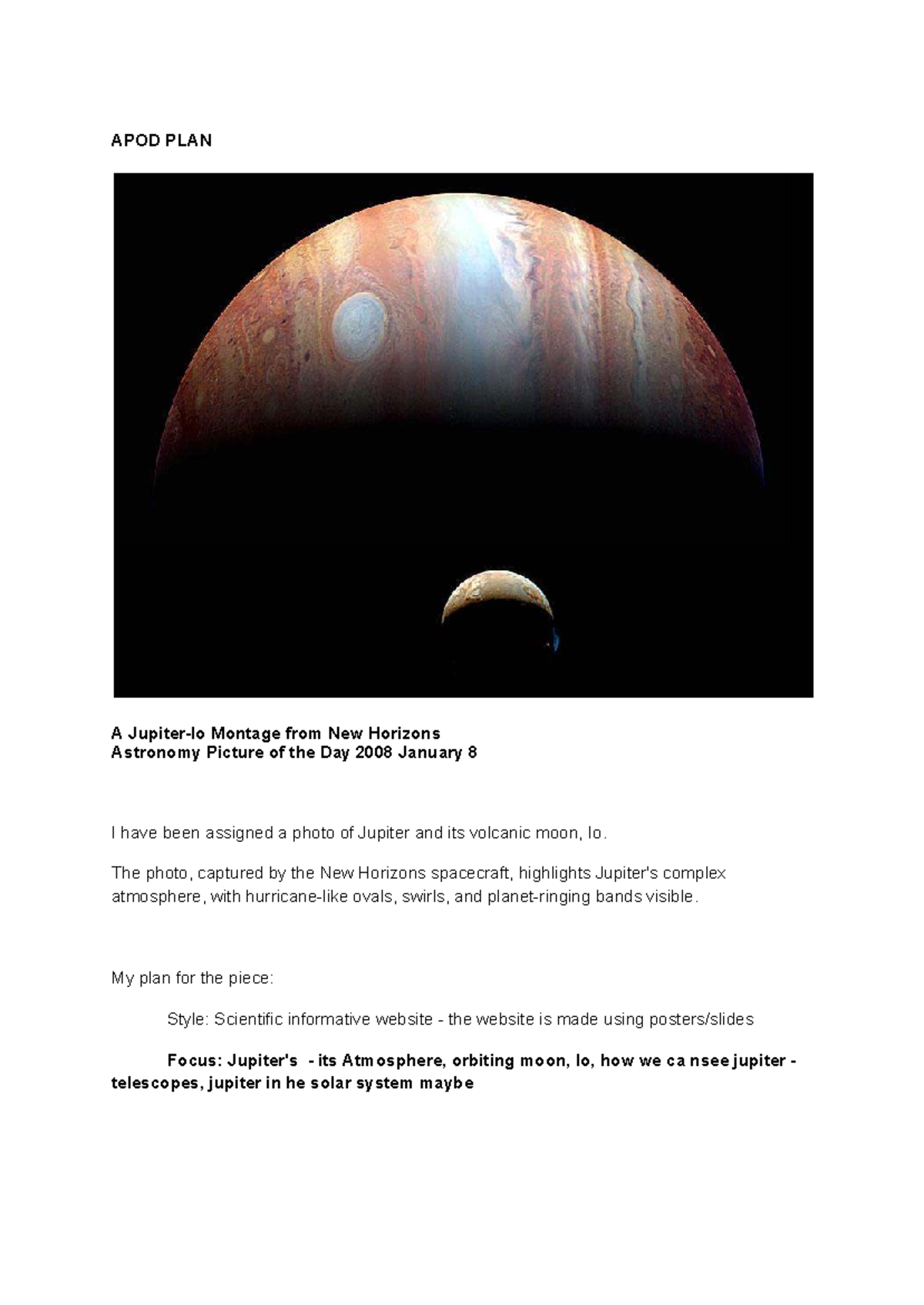 APOD PLAN: Exploring Jupiter's Atmosphere & Moon Io - Studocu