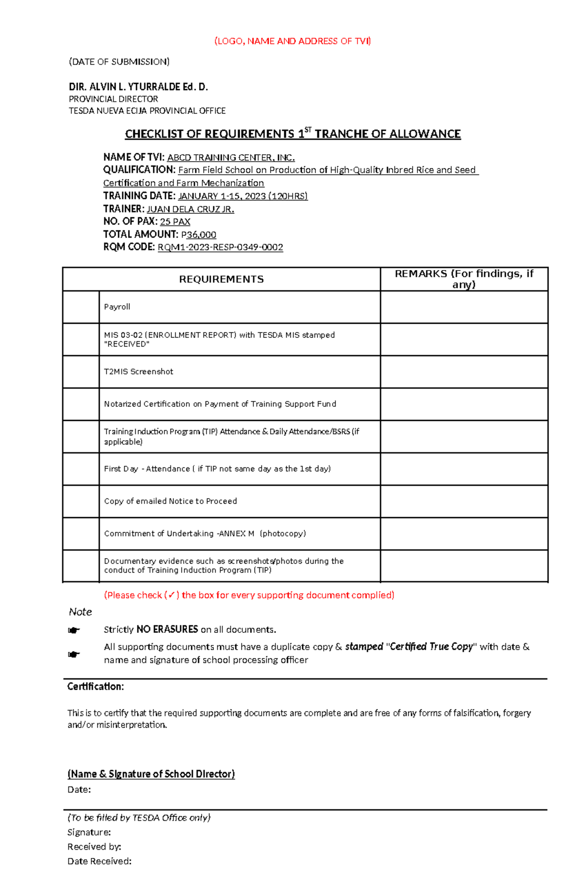 1ST- Tranche- Checklist - (LOGO, NAME AND ADDRESS OF TVI) (DATE OF ...