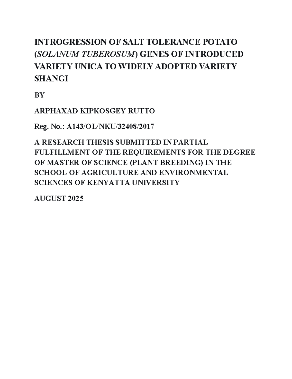 Introgression of Salt Tolerance Genes in Potato Varieties (MSc Plant ...