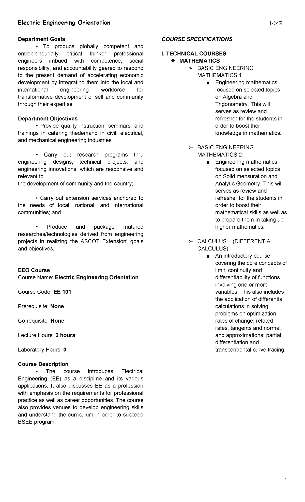Electric Engineering Orientation (EE 101): Department Goals and ...