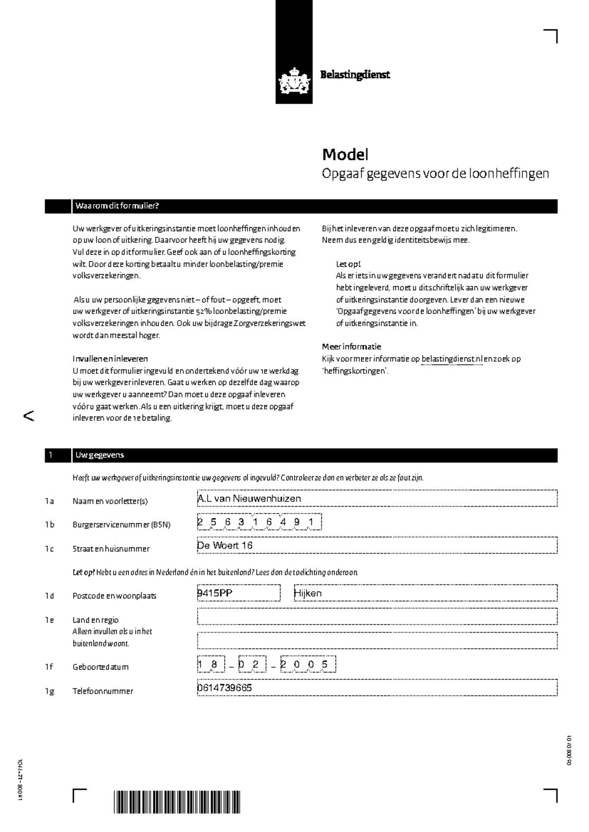 Opgaaf Gegevens Loonheffingen (Formulier 060080701 & 060080702 ...