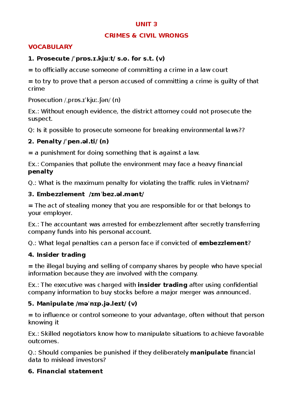 UNIT 3 - Civil Wrongs & Crimes Vocabulary Notes - Studocu