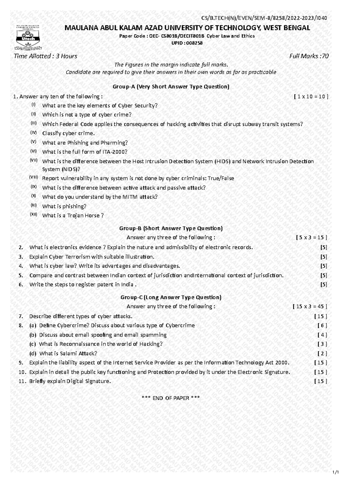Cyber Law and Ethics Exam Paper (OEC-CS801B) - Full Marks: 70 - Studocu