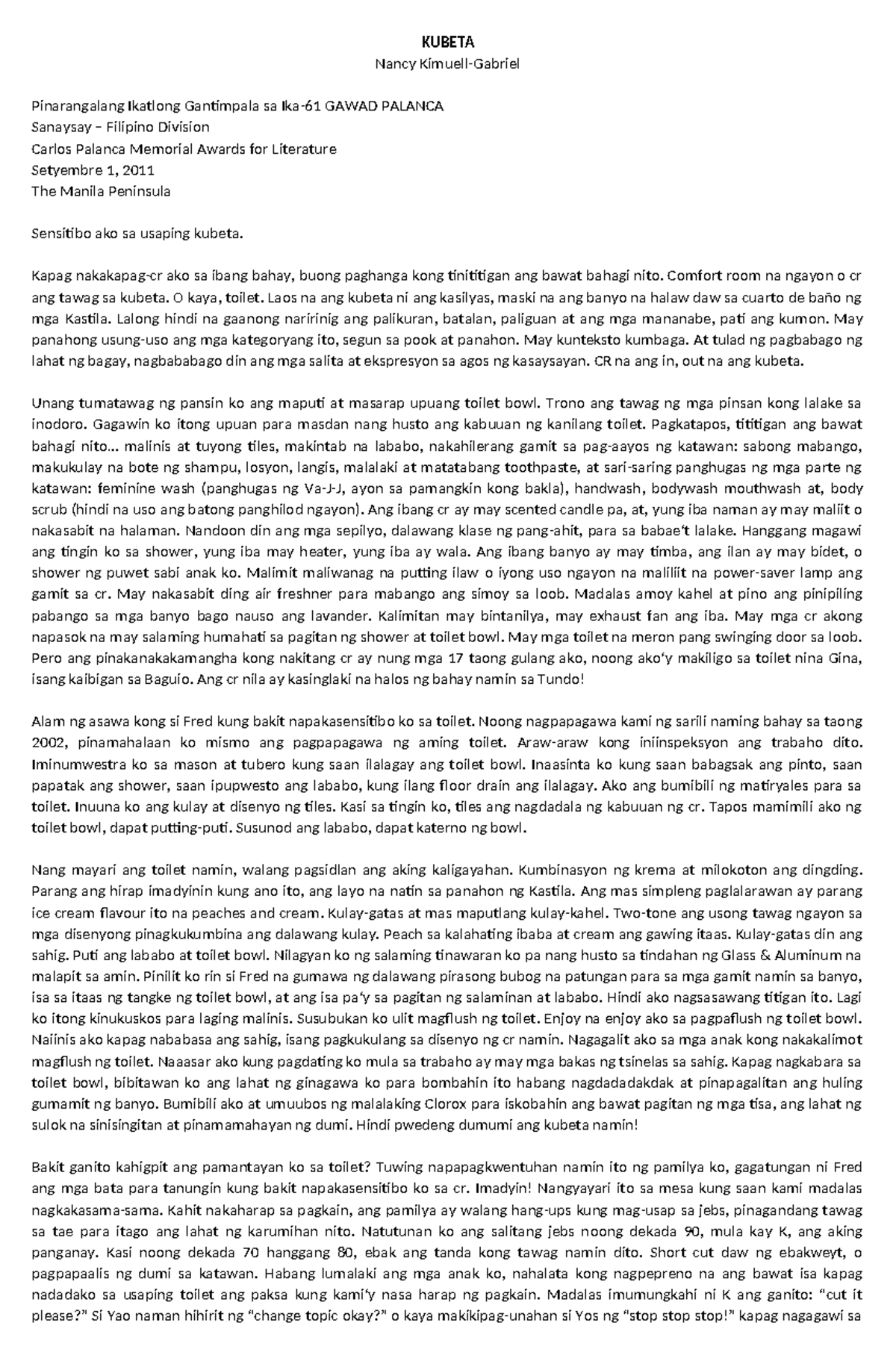 KUBETA: Isang Sanaysay sa Kahalagahan ng Maayos na Palikuran sa Lipunan ...