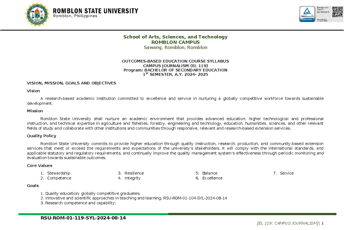 Campus Journalism Syllabus (EL 119) - BSED 1st Sem 2024-2025 - Studocu