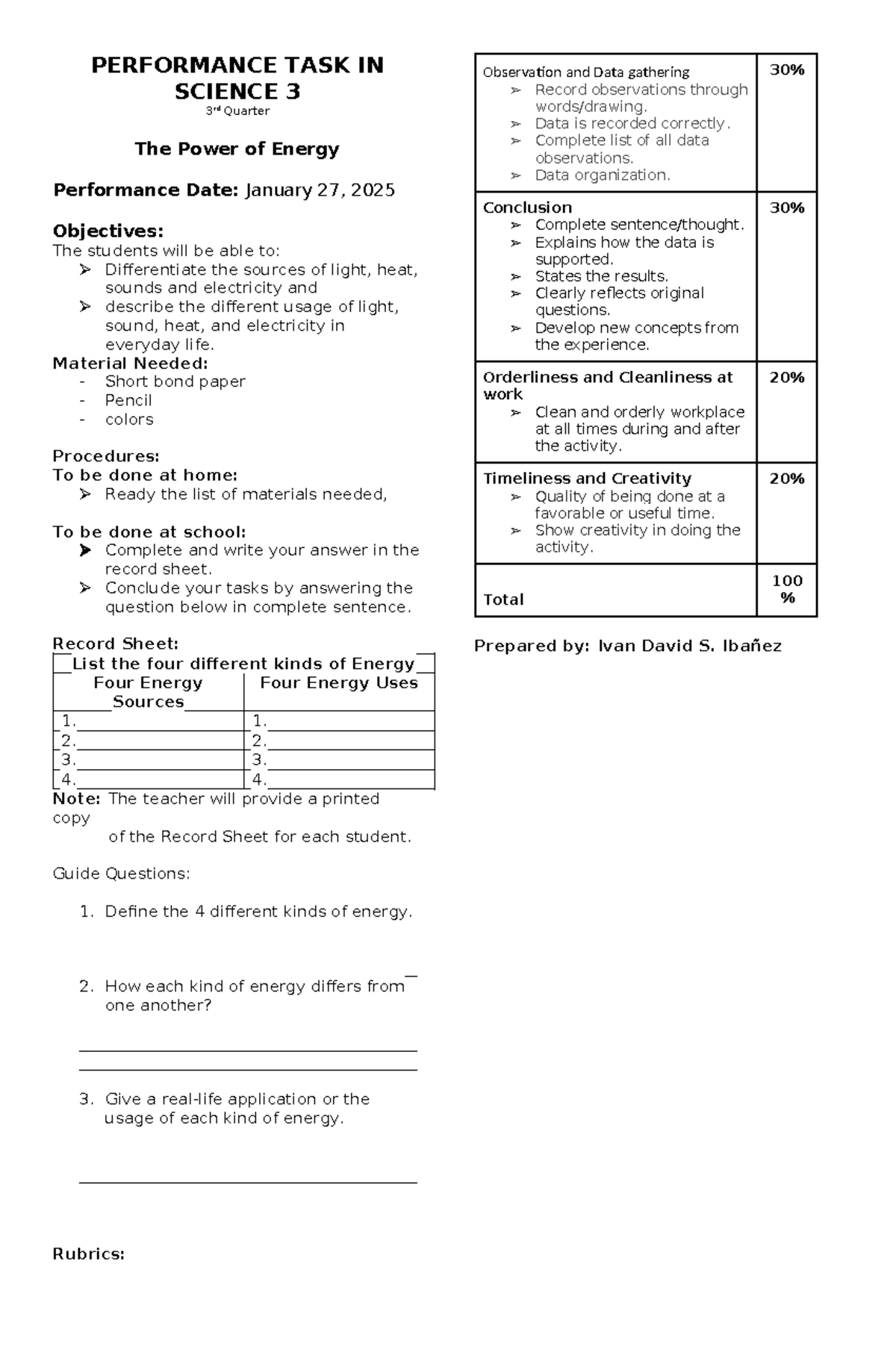 3RD Quarter Performance Tasks in Science, Music, Arts, A6, and A5 - Studocu