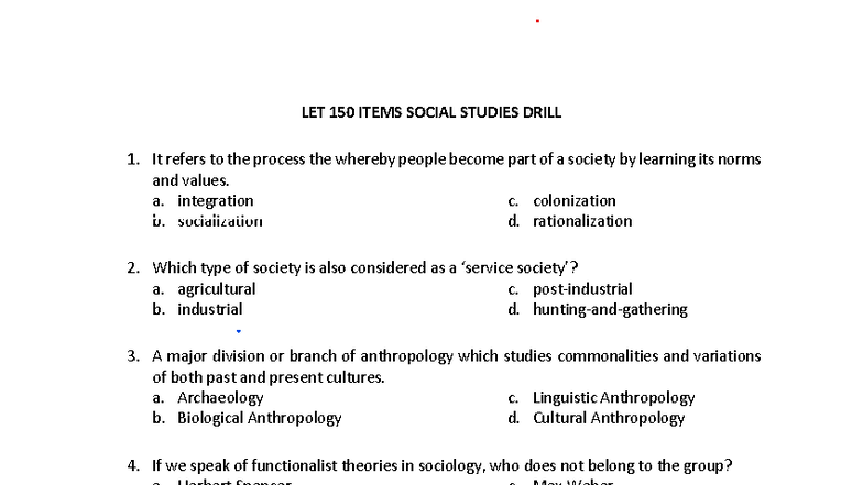 LET 150 ITEMS SOCIAL STUDIES DRILL: REVIEW AND ANSWER KEY - Studocu