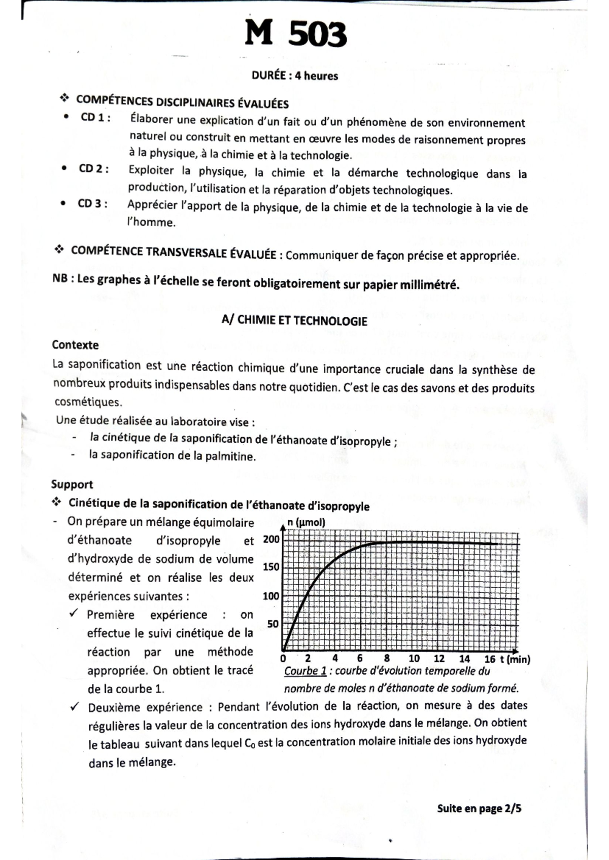 Preuve de Physique-Chimie-Technologie M 503 - Baccalauréat 2025 - Série ...