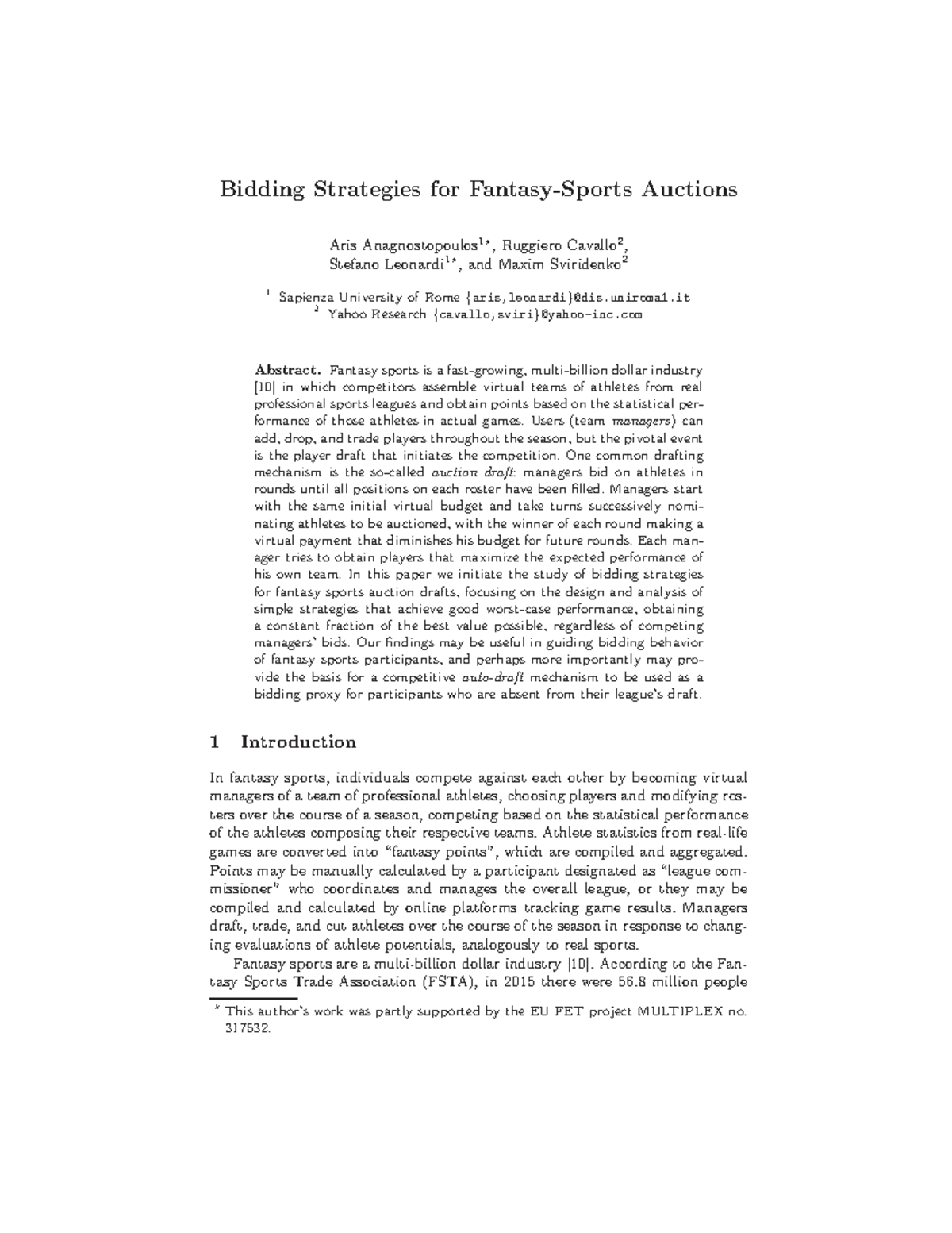 Bidding Strategies for Fantasy Sports Auctions: Analysis and Algorithms ...