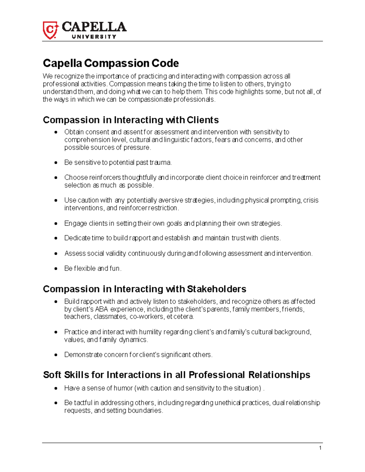 Capella Compassion Code: Principles for Professional Interaction - Studocu