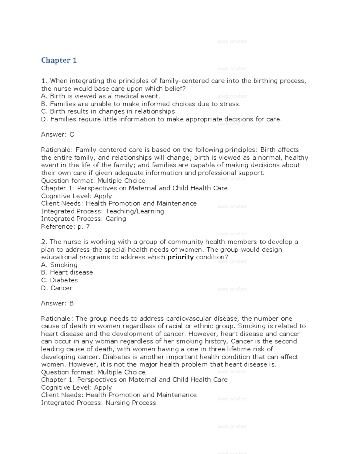 Chapter 1 Nursing Test Bank: Maternal and Child Health Care - Studocu