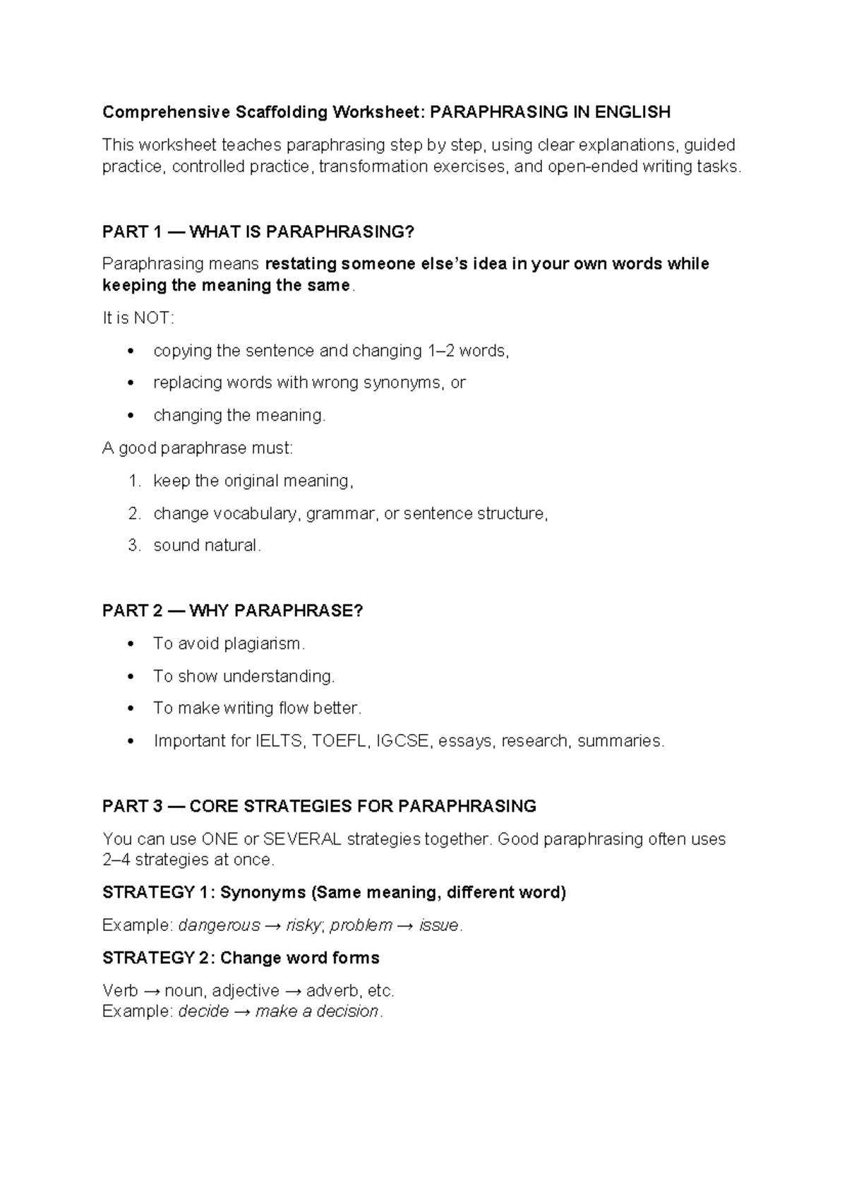 Comprehensive Worksheet on Paraphrasing in English: Strategies ...