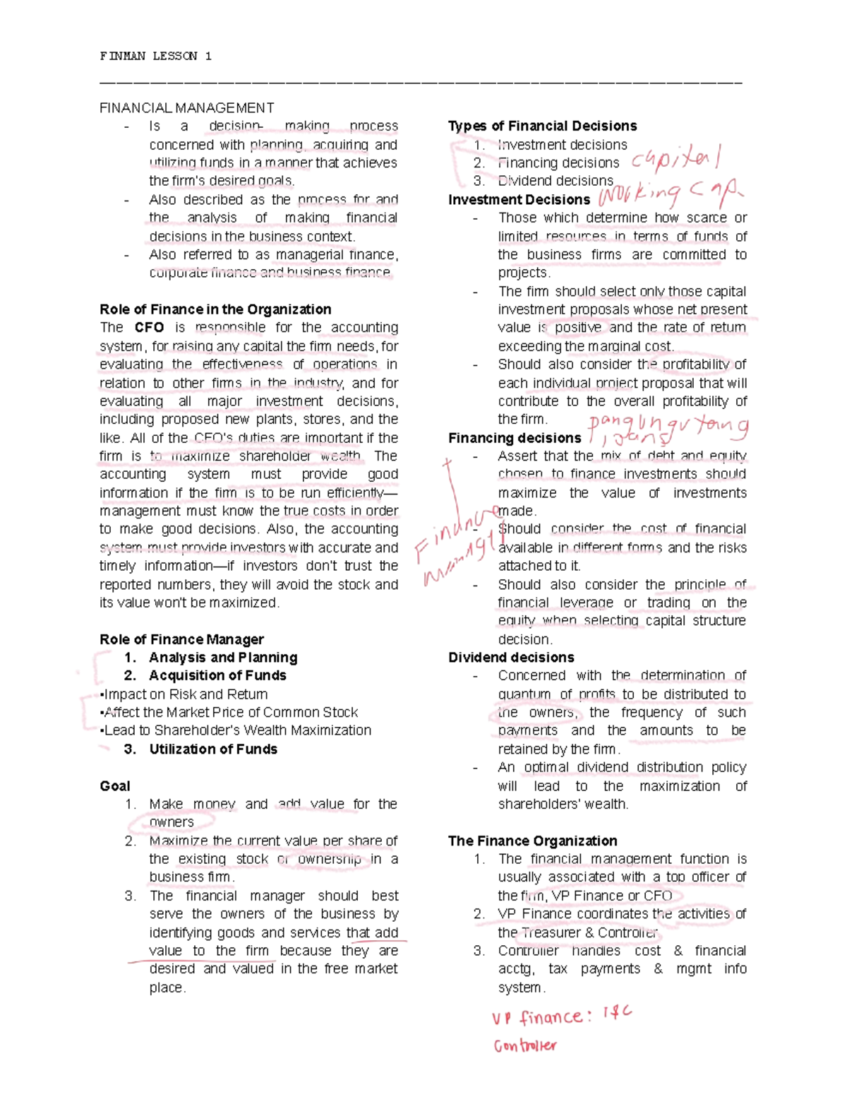 FINMAN LESSON 1: Overview of Financial Management Principles - Studocu
