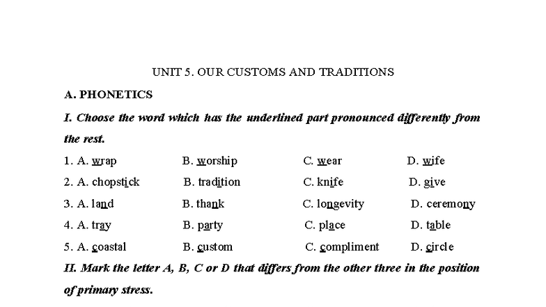 UNIT 5: OUR CUSTOMS AND TRADITIONS - PHONETICS & GRAMMAR EXERCISES ...