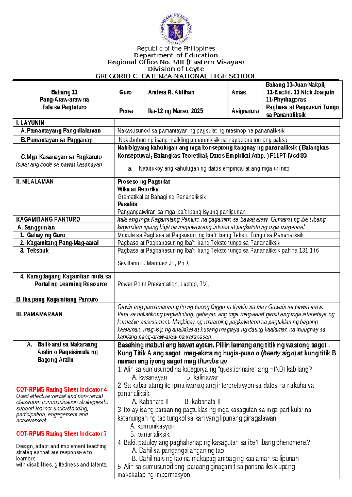 LP Datos Empirikal - Lesson Plan for Baitang 11 - Studocu