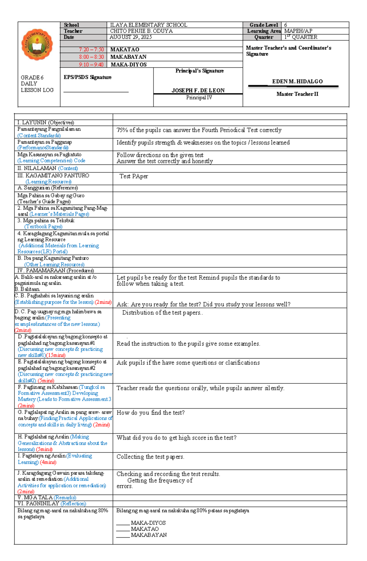 Grade 6 Daily Lesson Log (DLL) - Makatao Makabayan - 1st Quarter - Studocu