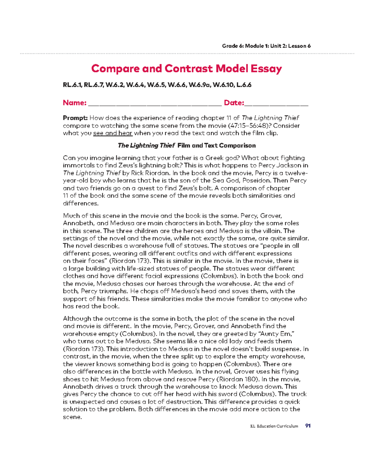 Grade 6 Greek Mythology: Compare & Contrast Essay on The Lightning ...