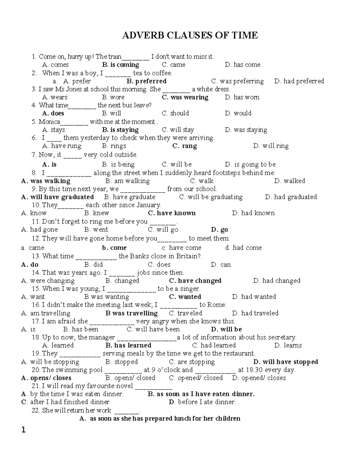 ADVERB CLAUSES OF TIME: EXERCISES AND ANSWERS - Studocu