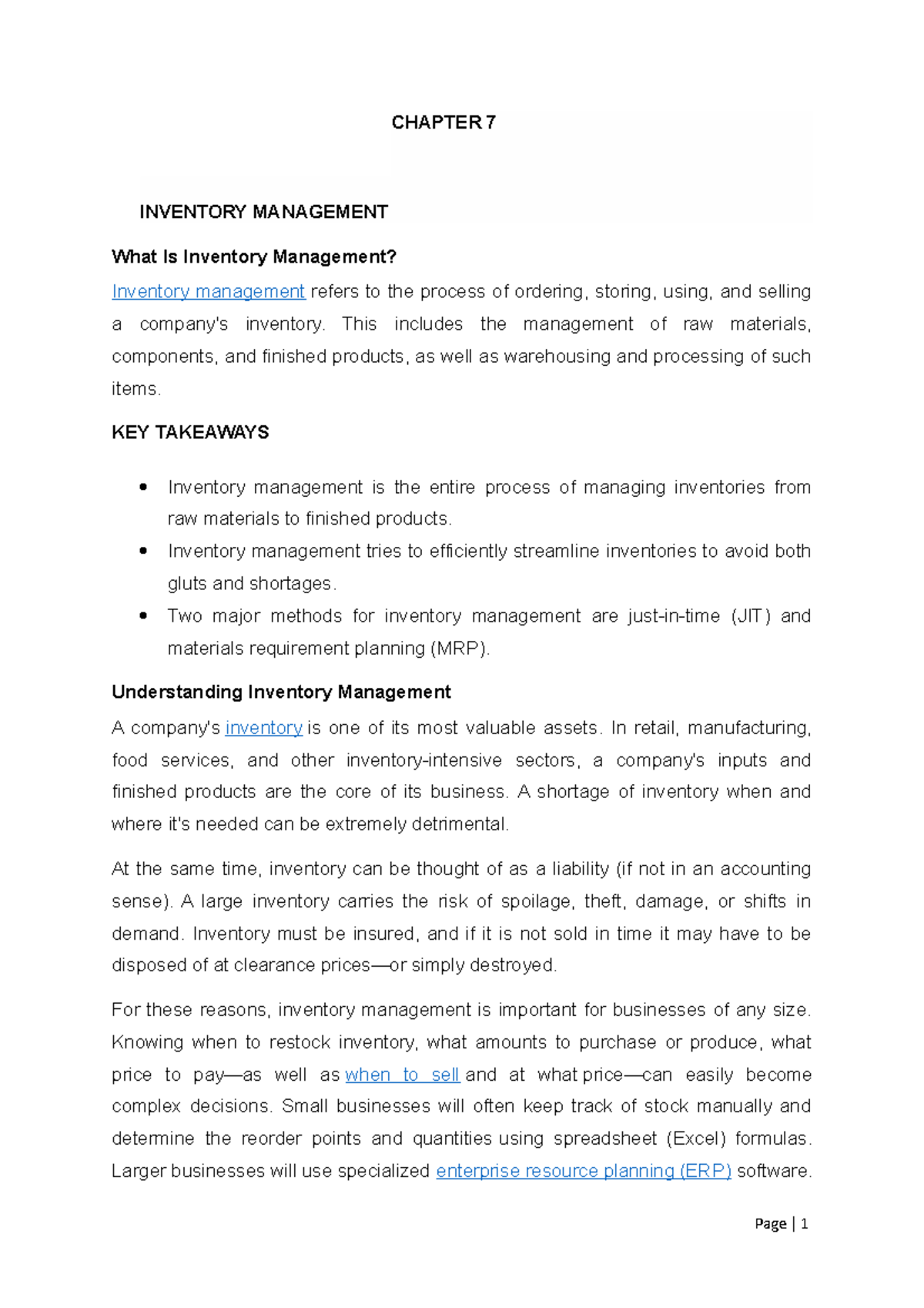 Module- Final FOR SCM - CHAPTER 7 INVENTORY MANAGEMENT What Is Inventory Management? Inventory ...