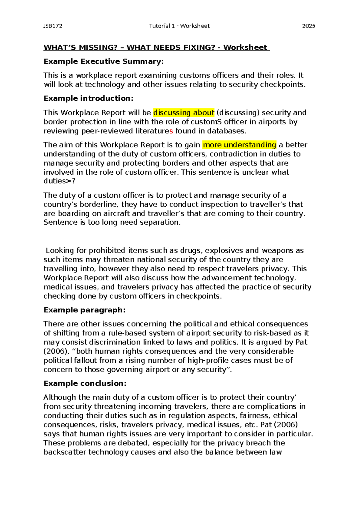 JSB172 2025 Tutorial 1 Worksheet: Customs Officers & Security Issues ...
