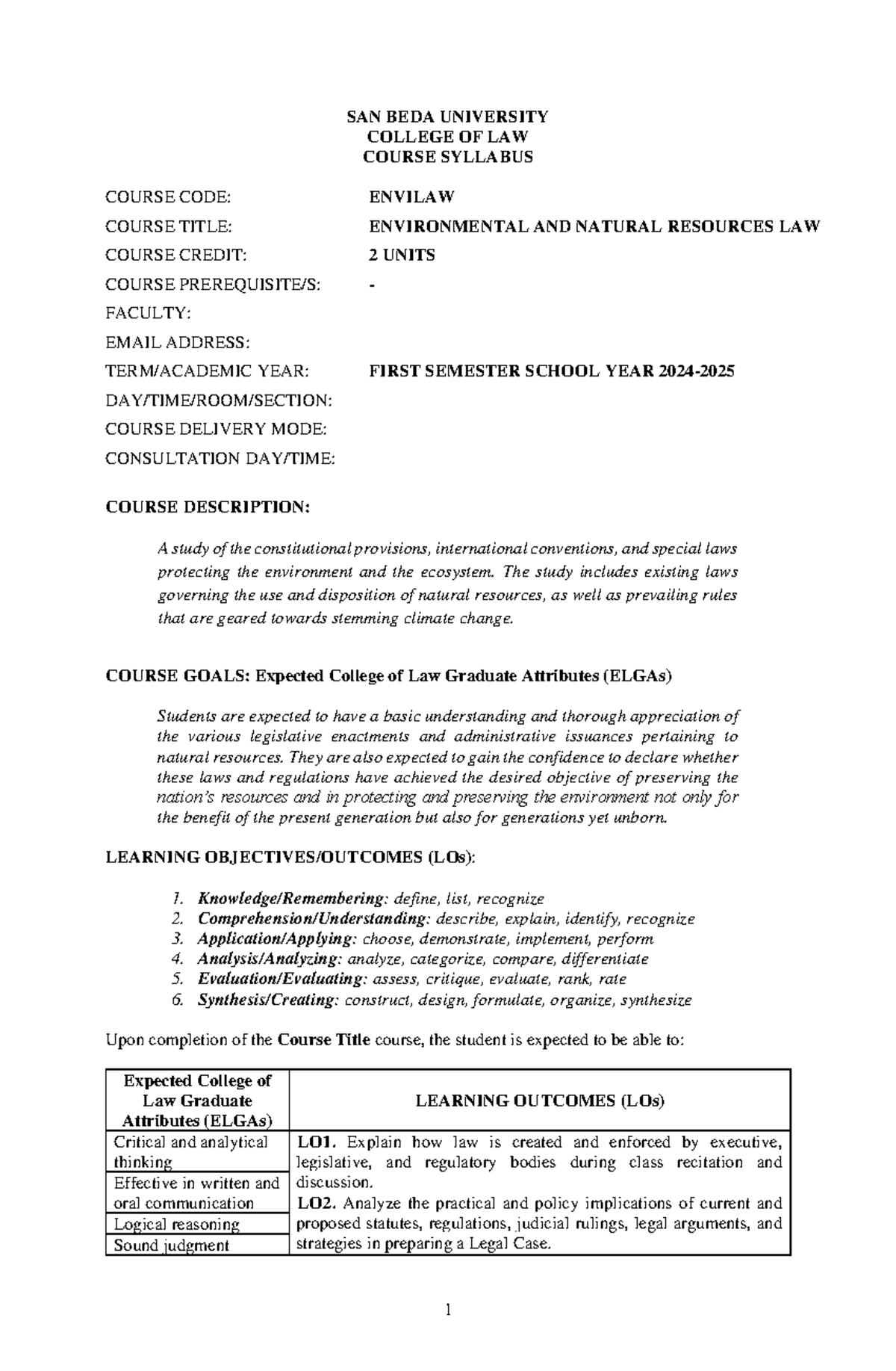 ENVILAW Syllabus AY 2024-2025: Environmental Law Studies - Studocu
