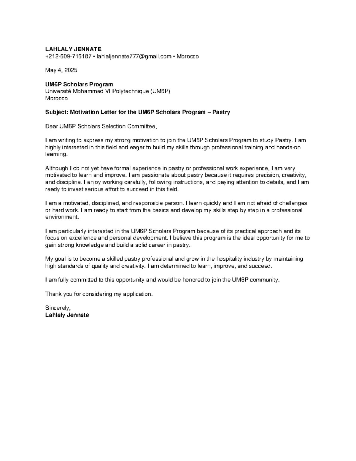 UM6P Motivation Letter for Pastry Scholars Program - Studocu
