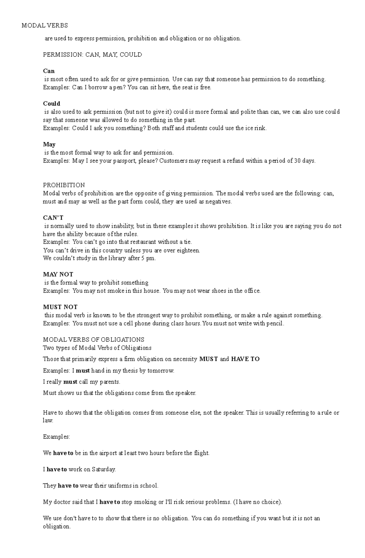 Modals of Permission, Prohibition, and Obligation - ENG101 Notes - Studocu